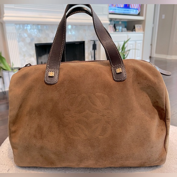 Loewe | Bags | Loewe Anagram Suede Boston Handbag Light Brown Suede ...